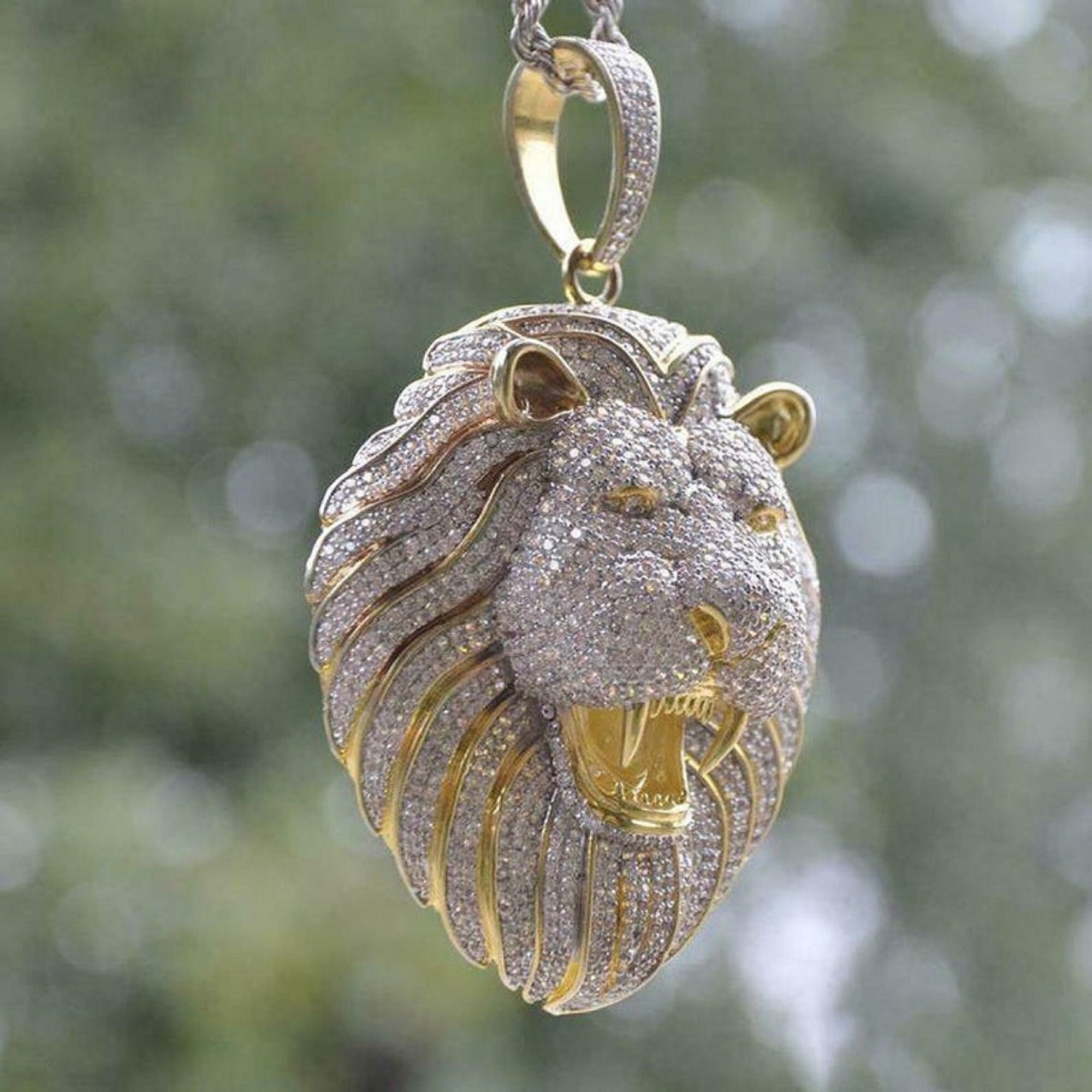 14k Gold Plated, Diamond Lion Pendant, Lion Diamond Charm Pendant ...