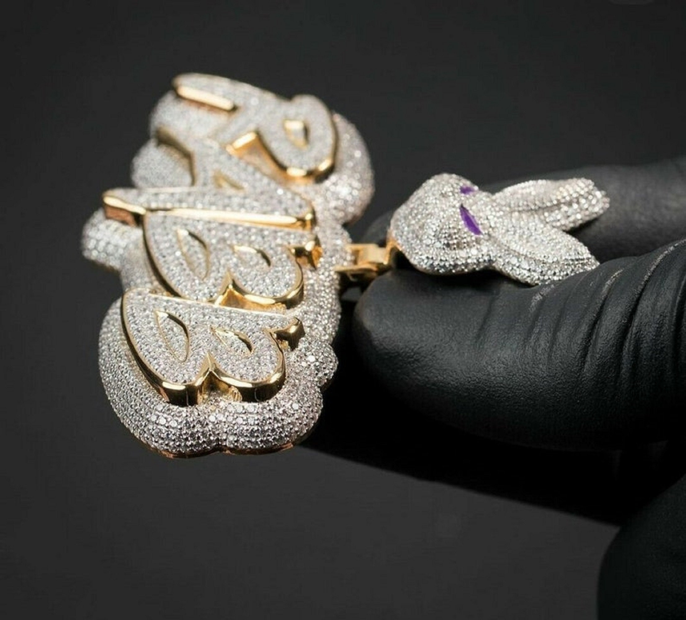 Rabbit Logo With RABB Word, 925 Sterling Silver 14K Gold Plated Diamond ...