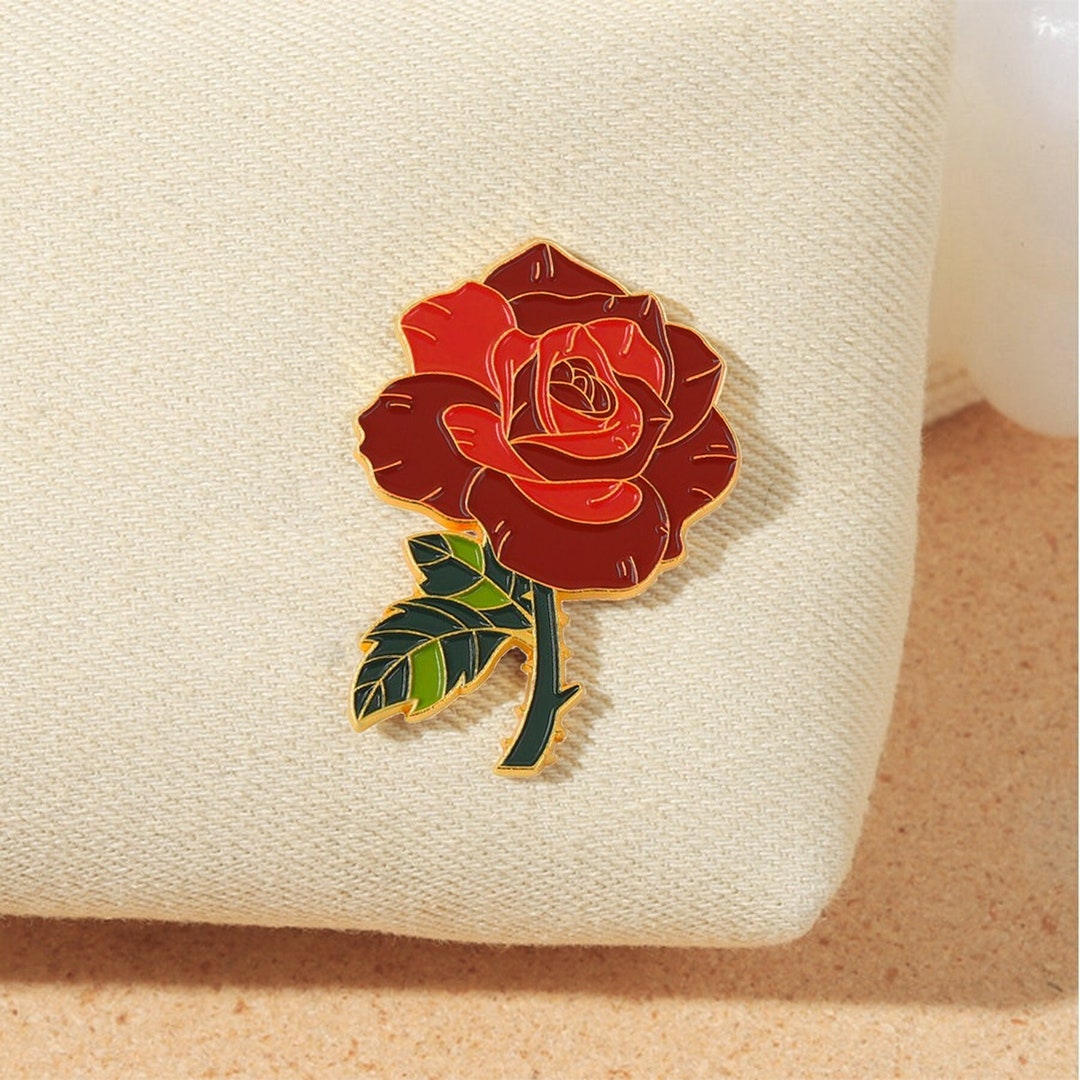 Red Rose Enamel Pin Thorny Large Flower Brooches Single Bright Rose ...