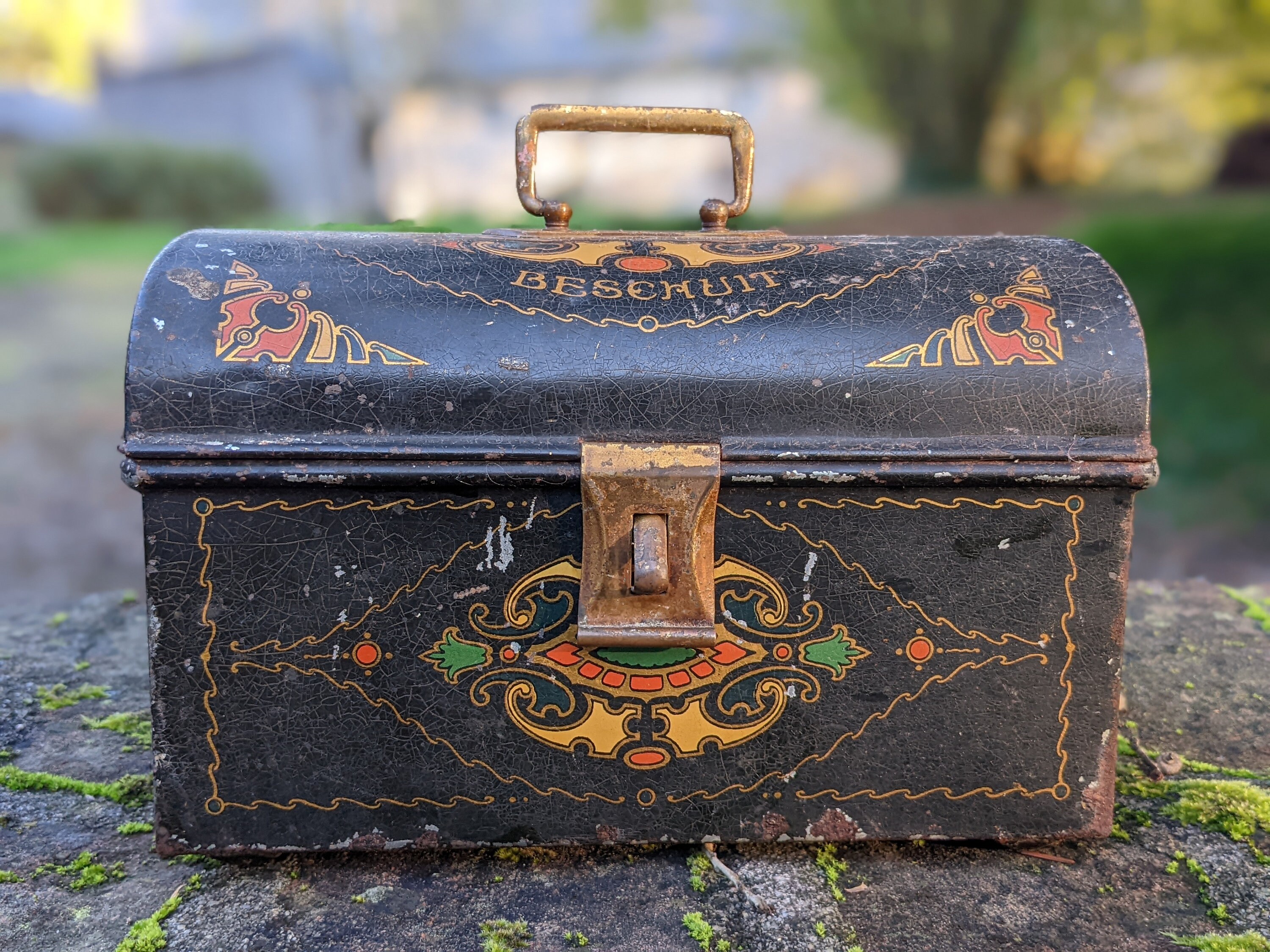 Antique Biscuit Painted Tin Box Dutch Black & Gold Tin Chest Art Deco ...