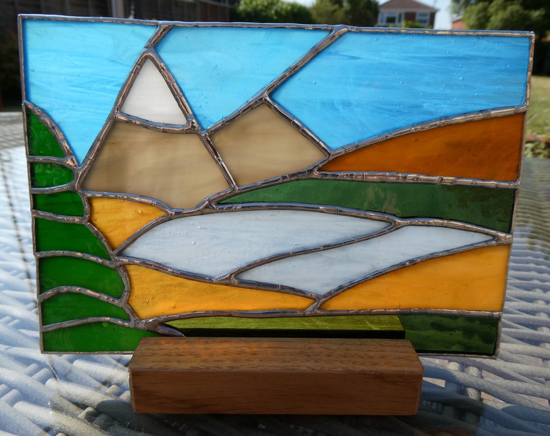 Mountain Landscape Stained Glass Panel Sun Catcher With Wooden Stand ...