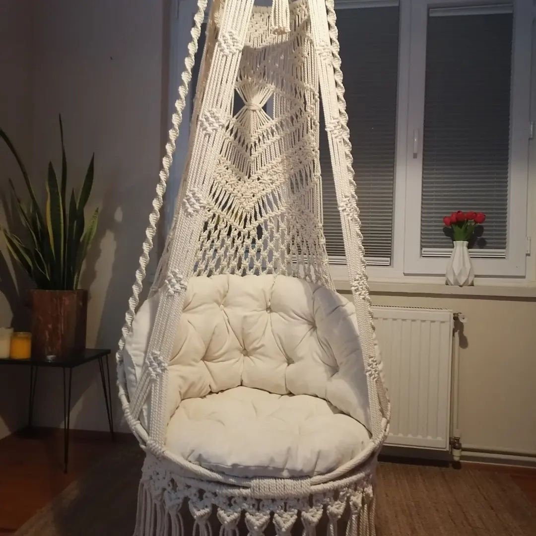 Macrame Hammock Chair, Macrame Round Swing, Hanging Cotton Macrame ...