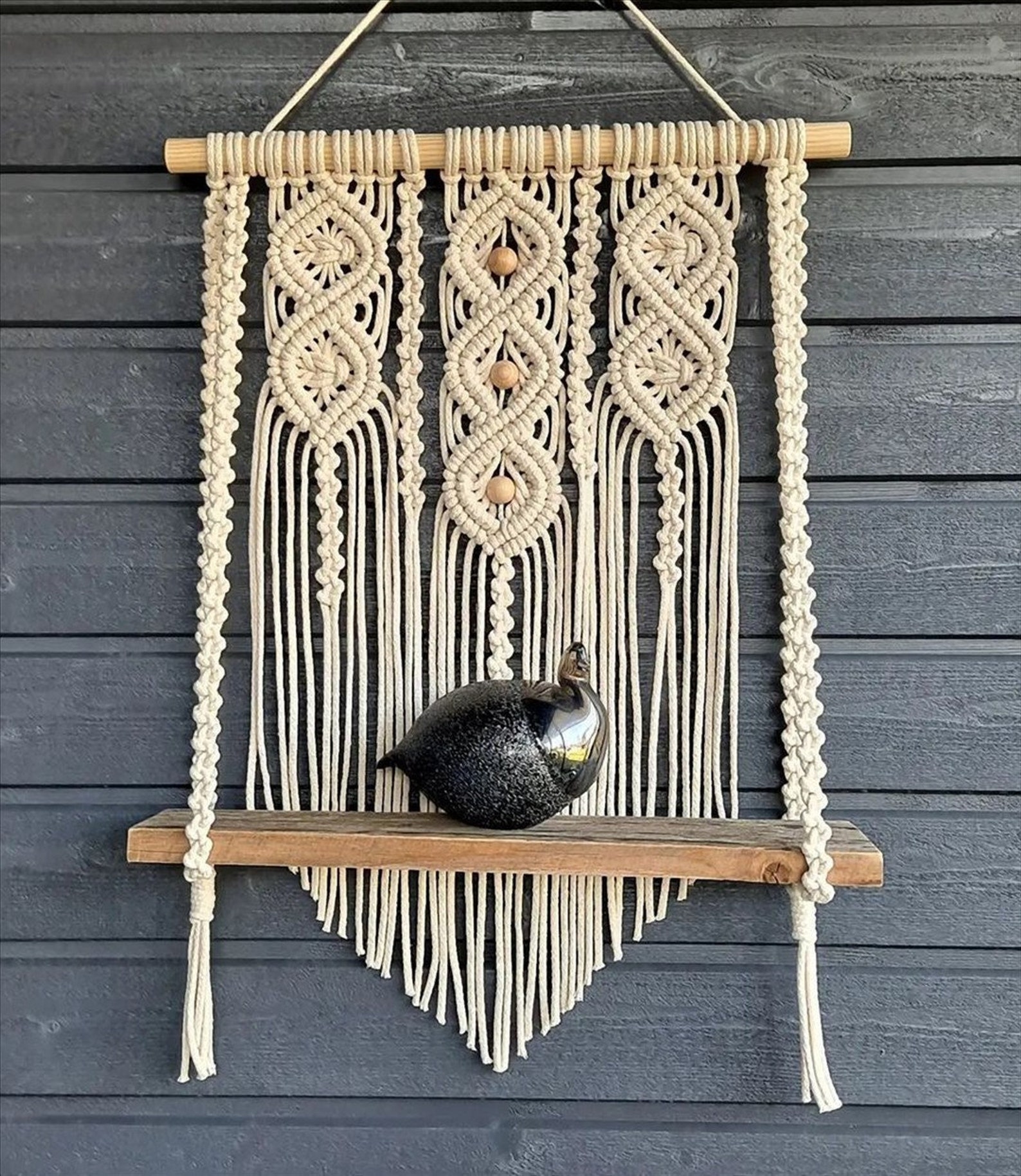 Boho Style Macrame Hanging Shelf With Wood Board Support, Macrame Shelf ...