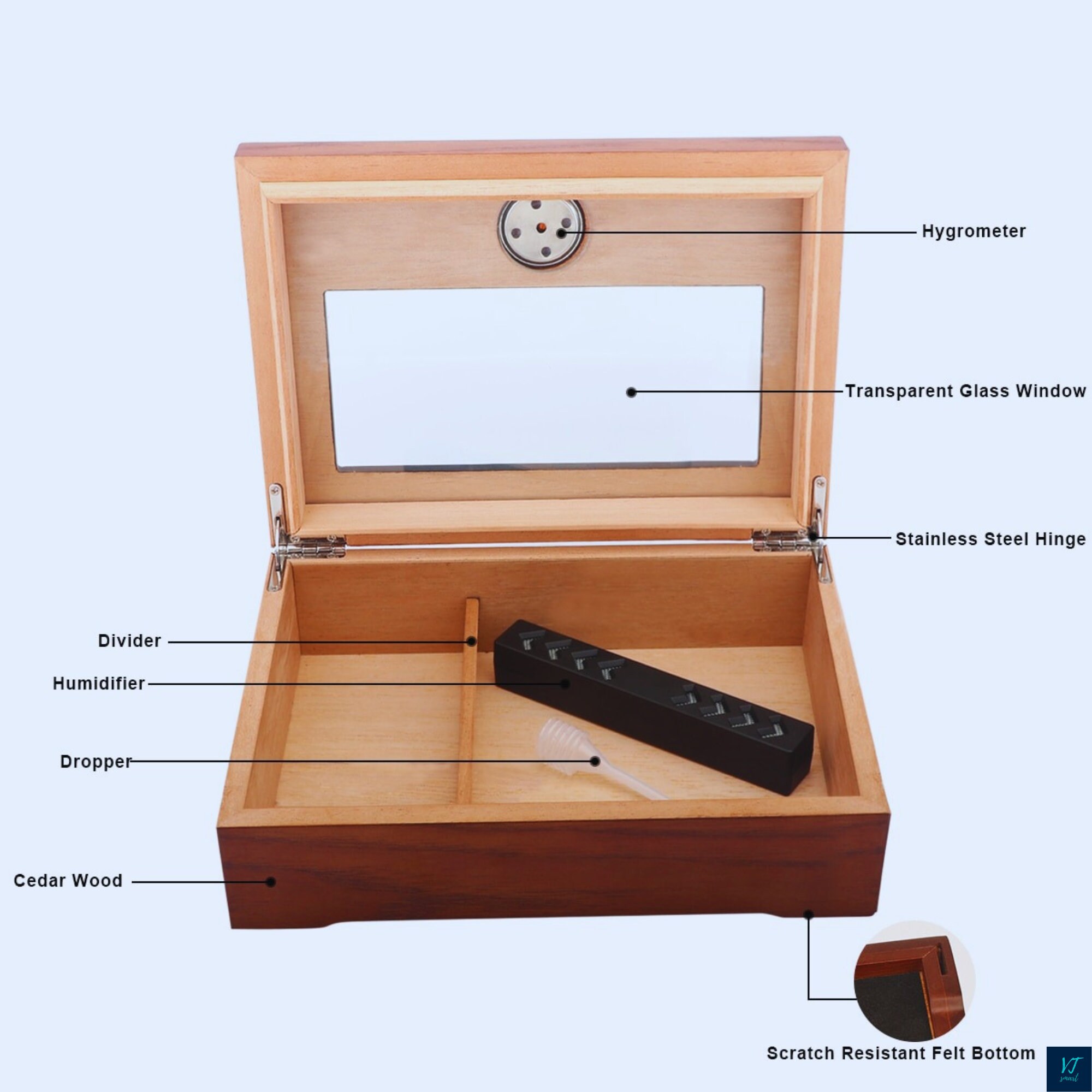 Cedar Wood Cigar Humidor W/ Hygrometer Humidifier Portable Box Glass ...