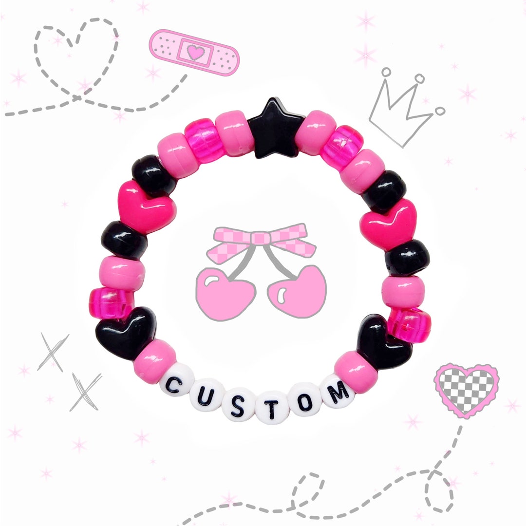 Custom Black & Pink Kandi Bracelet: Personalized Name Kawaii Rave ...