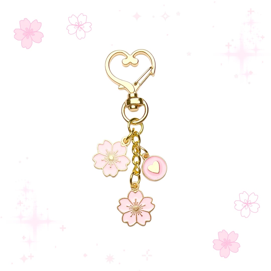 Sakura Cherry Blossom Keychain: Pink Heart Charms, Gold Heart Clasp - Etsy