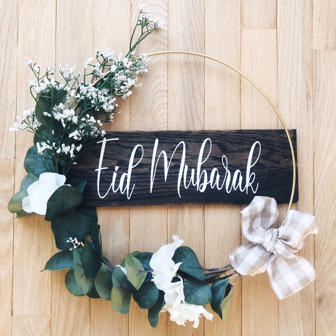 Eid Gold Floral Hoop, Rustic Decoration, Wood Sign, Wreath, Modern ...