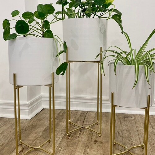Modern White Metal Planter Pots on Gold Plant Stands - Etsy