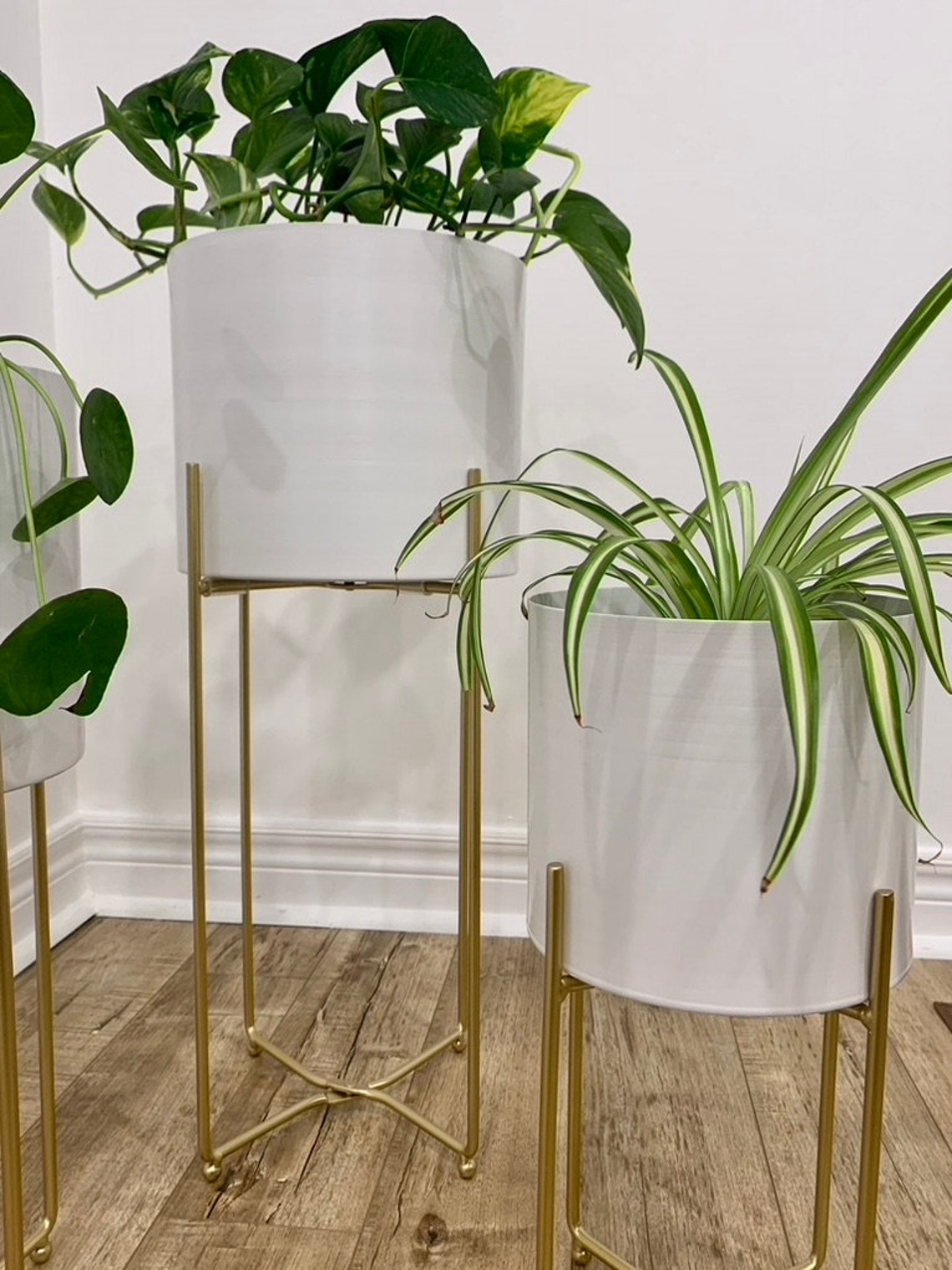 Modern White Metal Planter Pots on Gold Plant Stands | Etsy