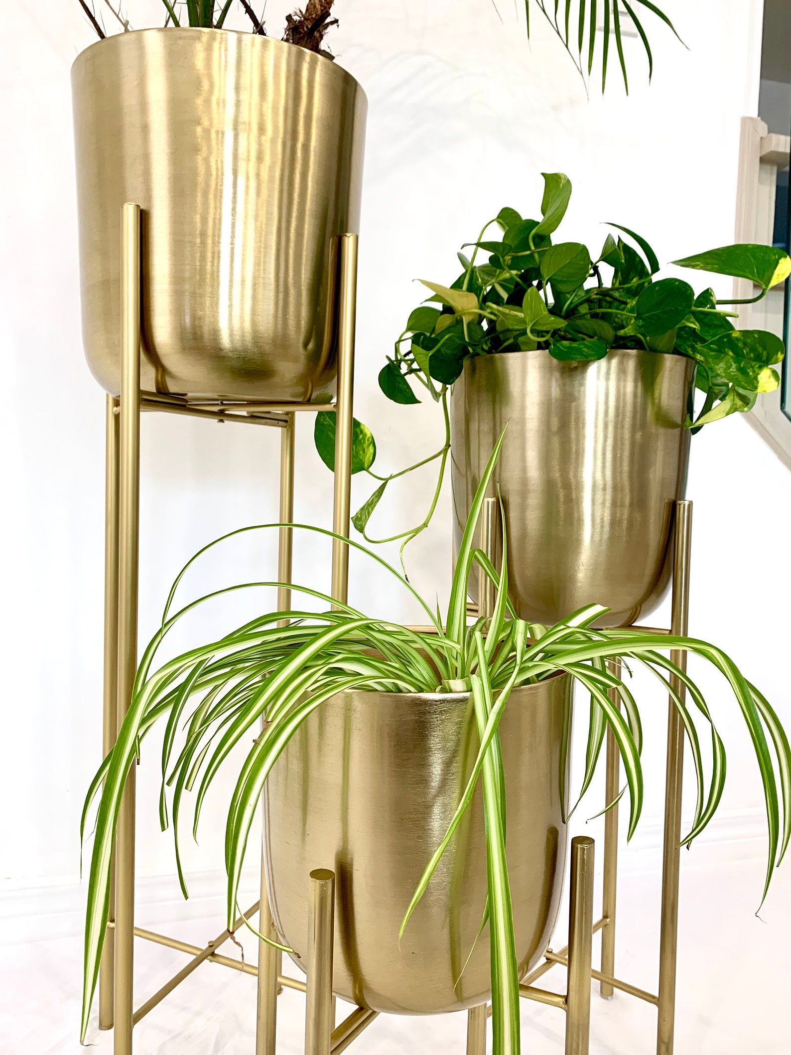 Set of 3 Gold Metal Planters Indoor Outdoor With Legs: Modern Home ...