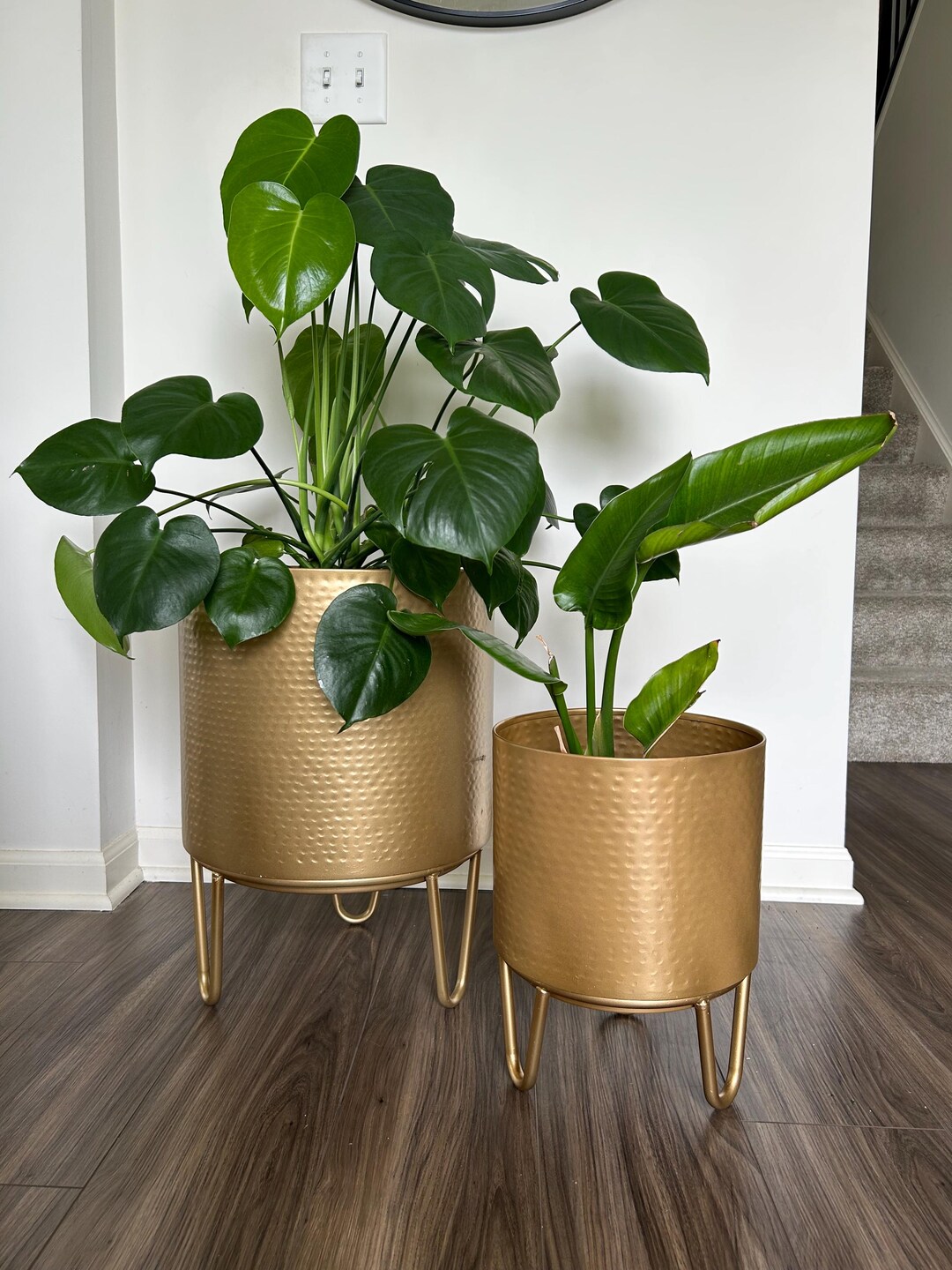 Hammered Metal Floor Planter Pots With Gold Stands - Muted Light Gold ...