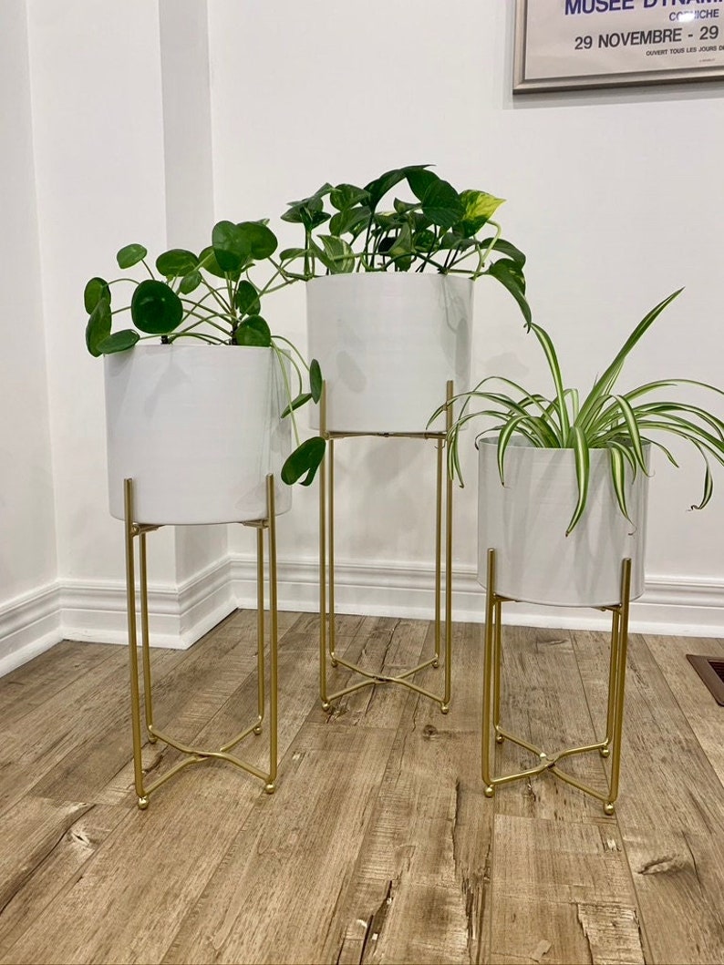 Modern White Metal Planter Pots on Gold Plant Stands - Etsy