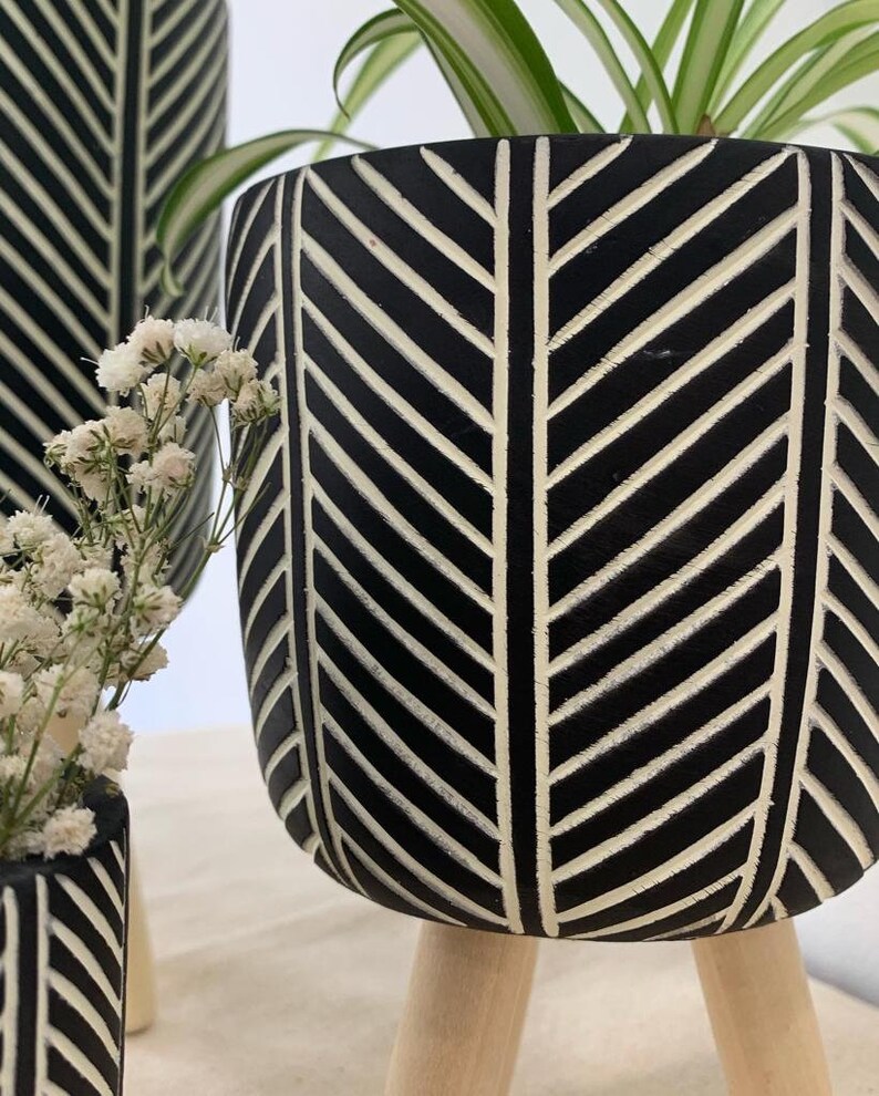 Herring Bone Cement Tripod Planter Pots on Wood Stands - Etsy