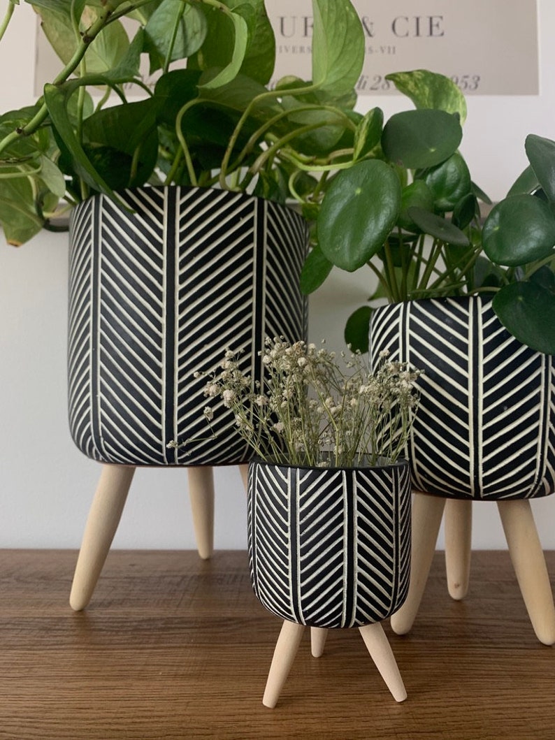 Herring Bone Cement Tripod Planter Pots on Wood Stands - Etsy