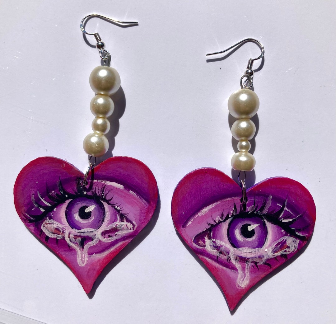 Hand Painted Heart Eye Earrings - Etsy