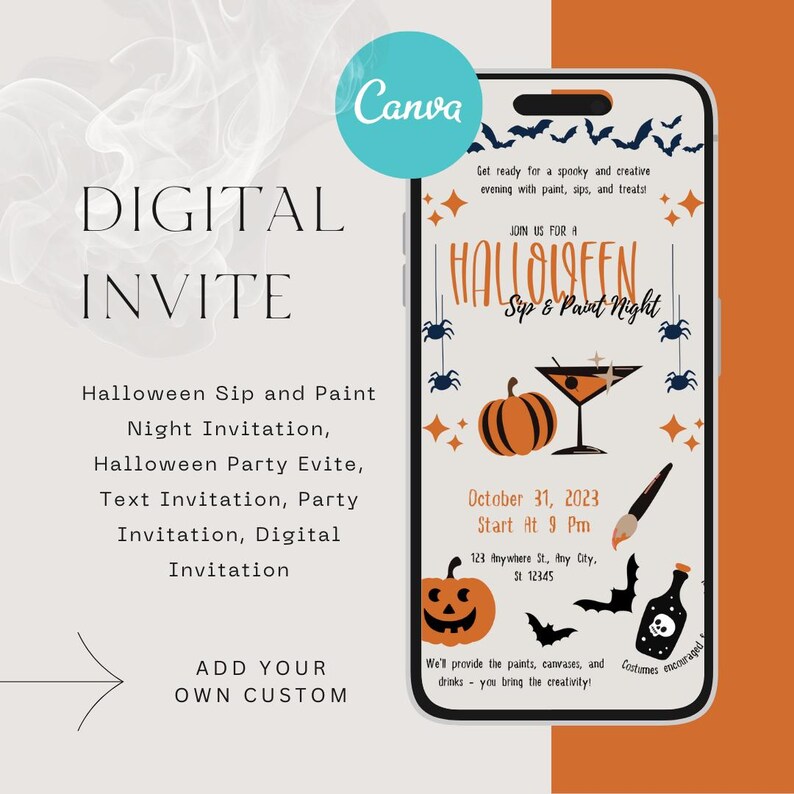 Halloween Sip & Paint Night Evite, Party Text Invitation (digital ...