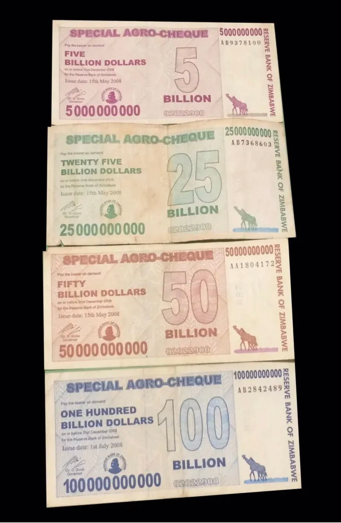 Zimbabwe Special Agro-cheque Set (banknotes): 5|25|50 & 100 Billion Zim ...