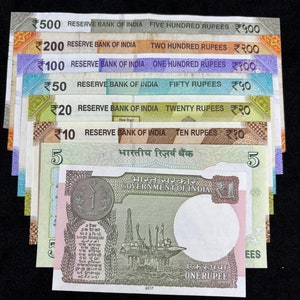 Indian Rupee 8 Pieces Banknote Set: 1/ea X 1, 5, 10, 20, 50, 100, 200 ...
