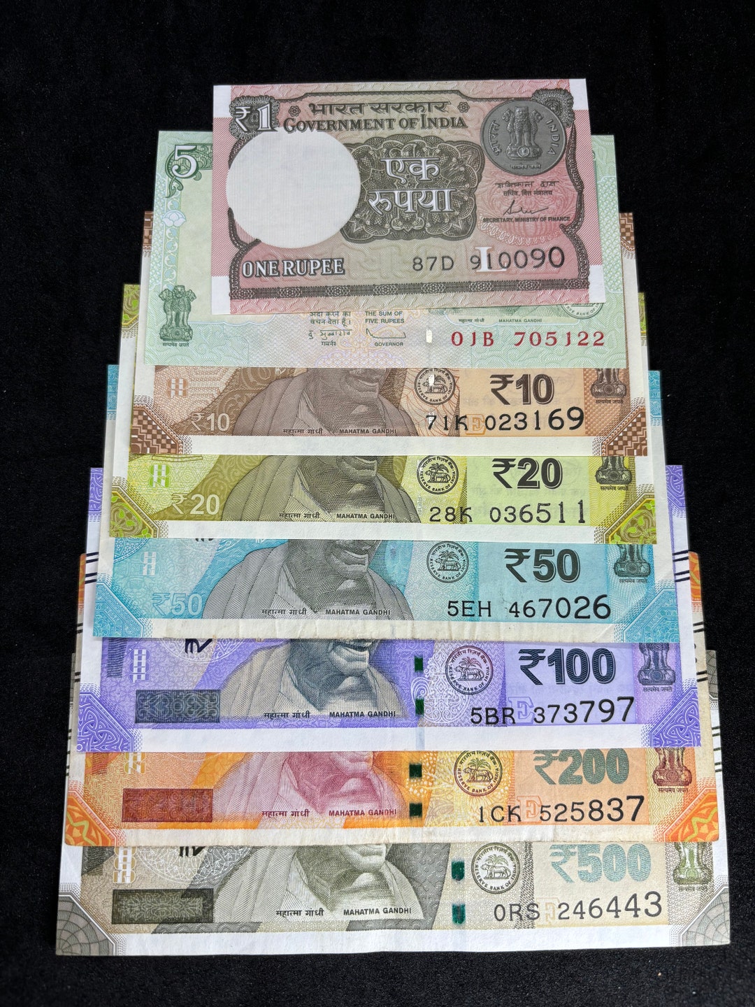 Indian Rupee 8 Pieces Banknote Set: 1/ea X 1, 5, 10, 20, 50, 100, 200 ...