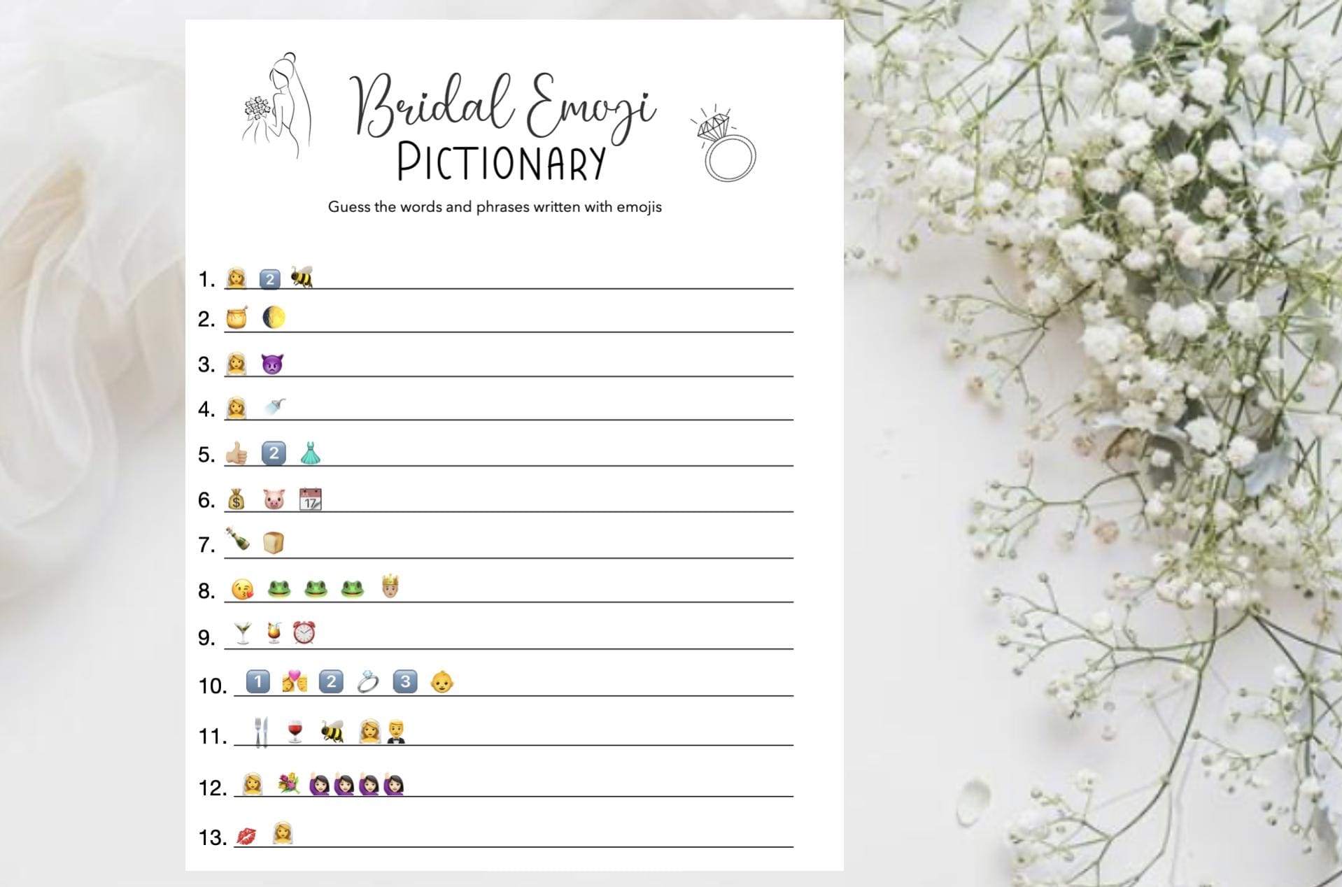 Bridal Emoji Pictionary Game Answers, Wedding Shower Games, Printable ...