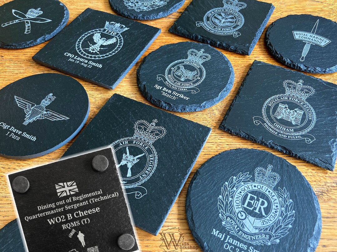 Personalised British Military Crest Slate Coasters Round/square cap ...