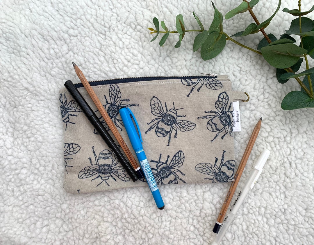 Navy Bees Pencil Case, Make up Bag, Purse,handprinted, Handmade, Linen ...