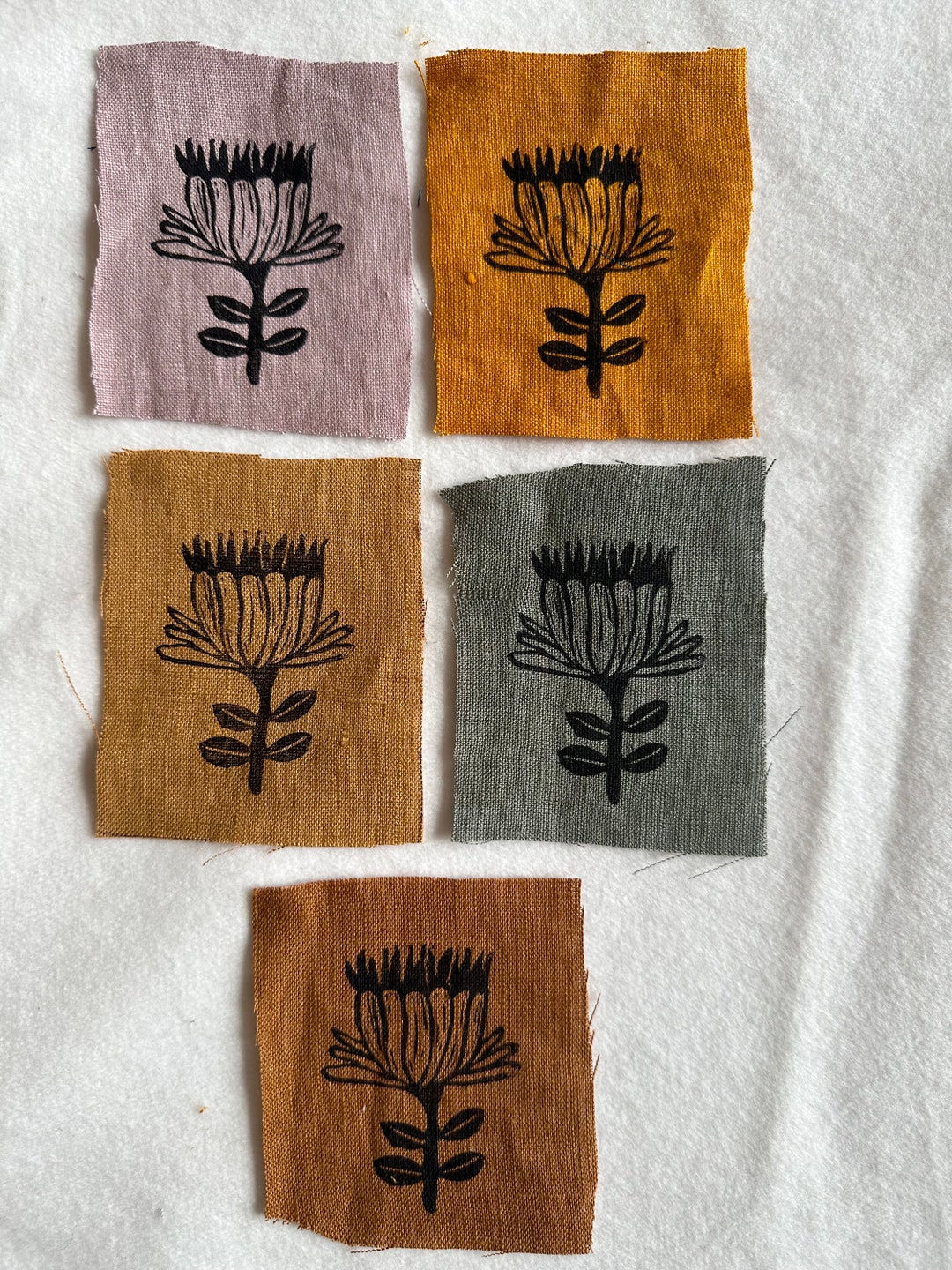 Linen Patches, Small Abstract Flower , Lino Print Patches, Fabric Patch ...