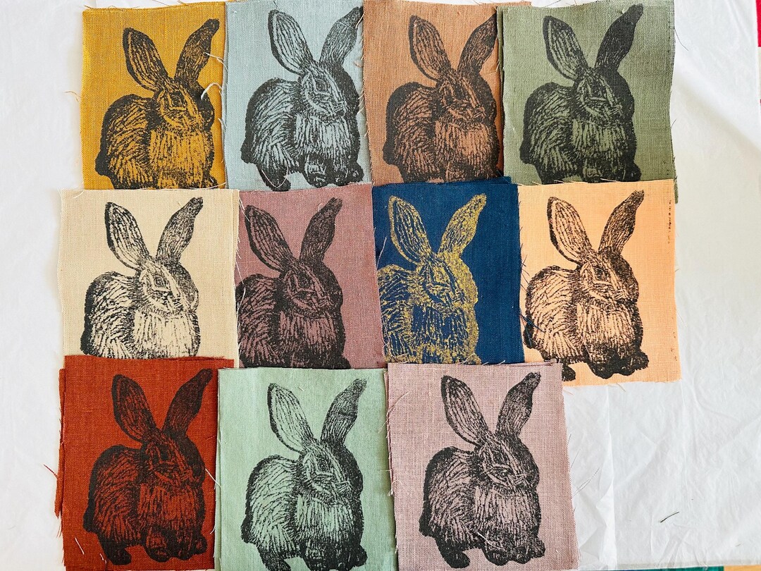 Hand Printed Linen Patch: Bunny Rabbit Lino Print, Textile Craft - Etsy