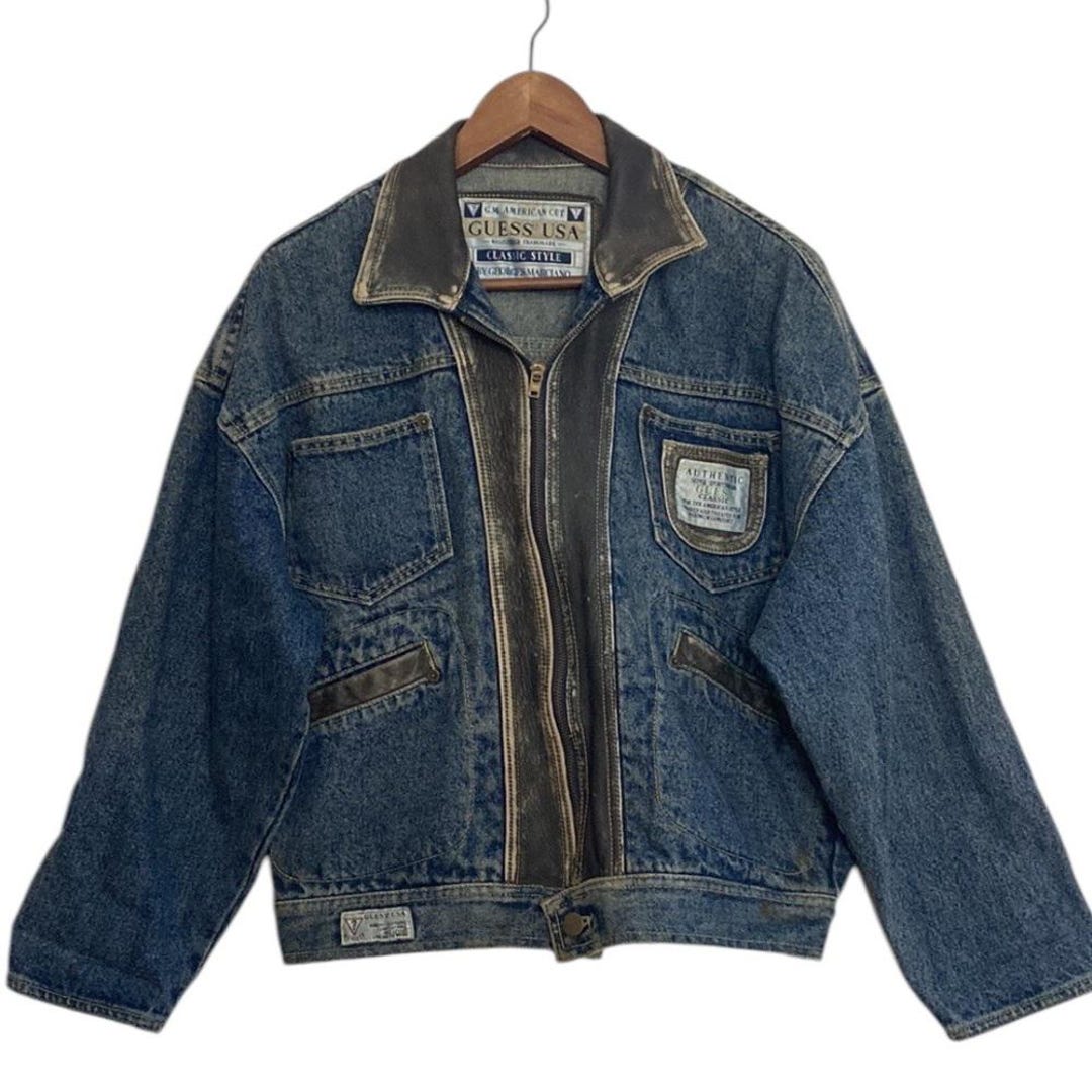 Vintage Guess Jean Jacket Mens Womens Medium Blue Denim Leather 80s 90s ...