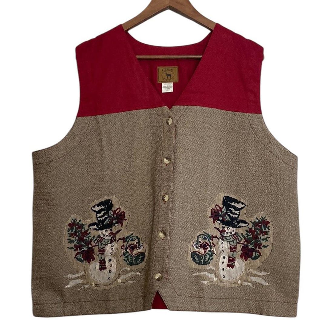 Vintage Tapestry Vest Women 20 Red Beige Embroidered Snowman Christmas ...