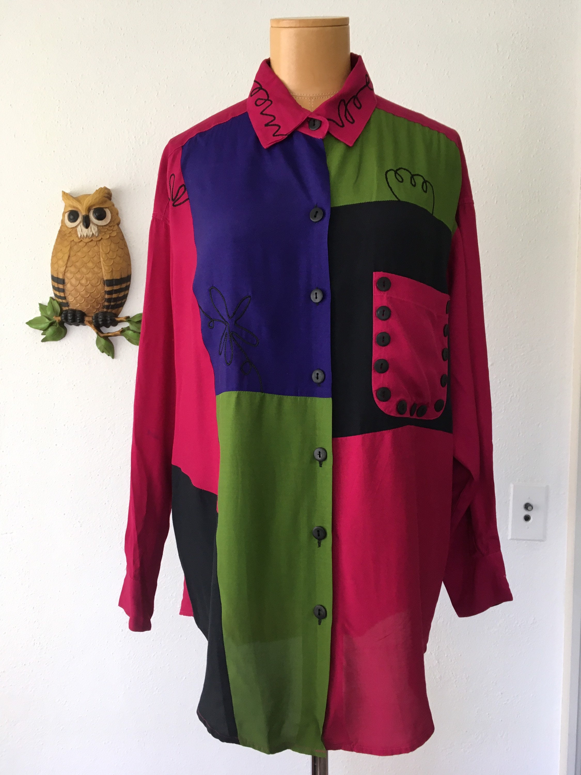 80s -90s Color Block Silk Blouse/ Top -Vintage Button Up Oxford Shirt ...