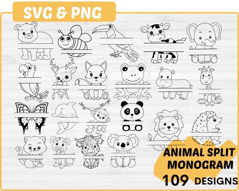 Animal Svg Bundle File | 109 Hand Drawn Split Animal Monogram Svg ...
