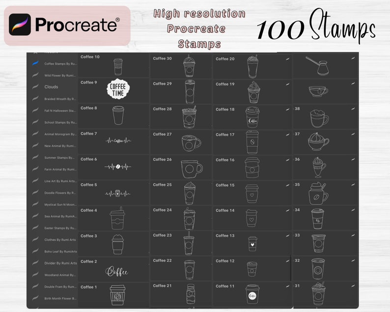 Procreate Coffee Stamps 100 Coffee and Tea Procreate Stamps - Etsy