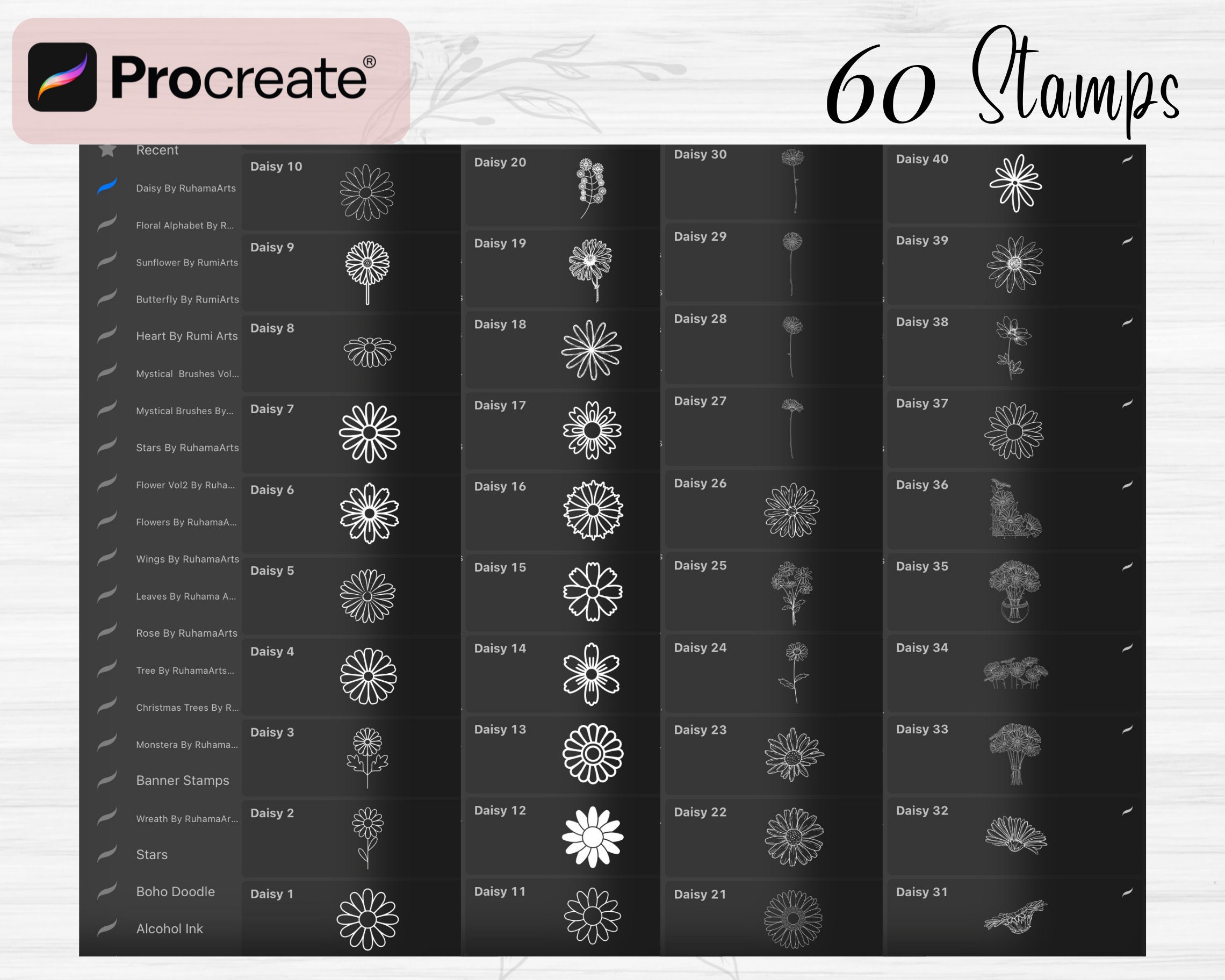 Daisy Procreate Stamps |60 Flower Procreate Stamps | Botanical ...