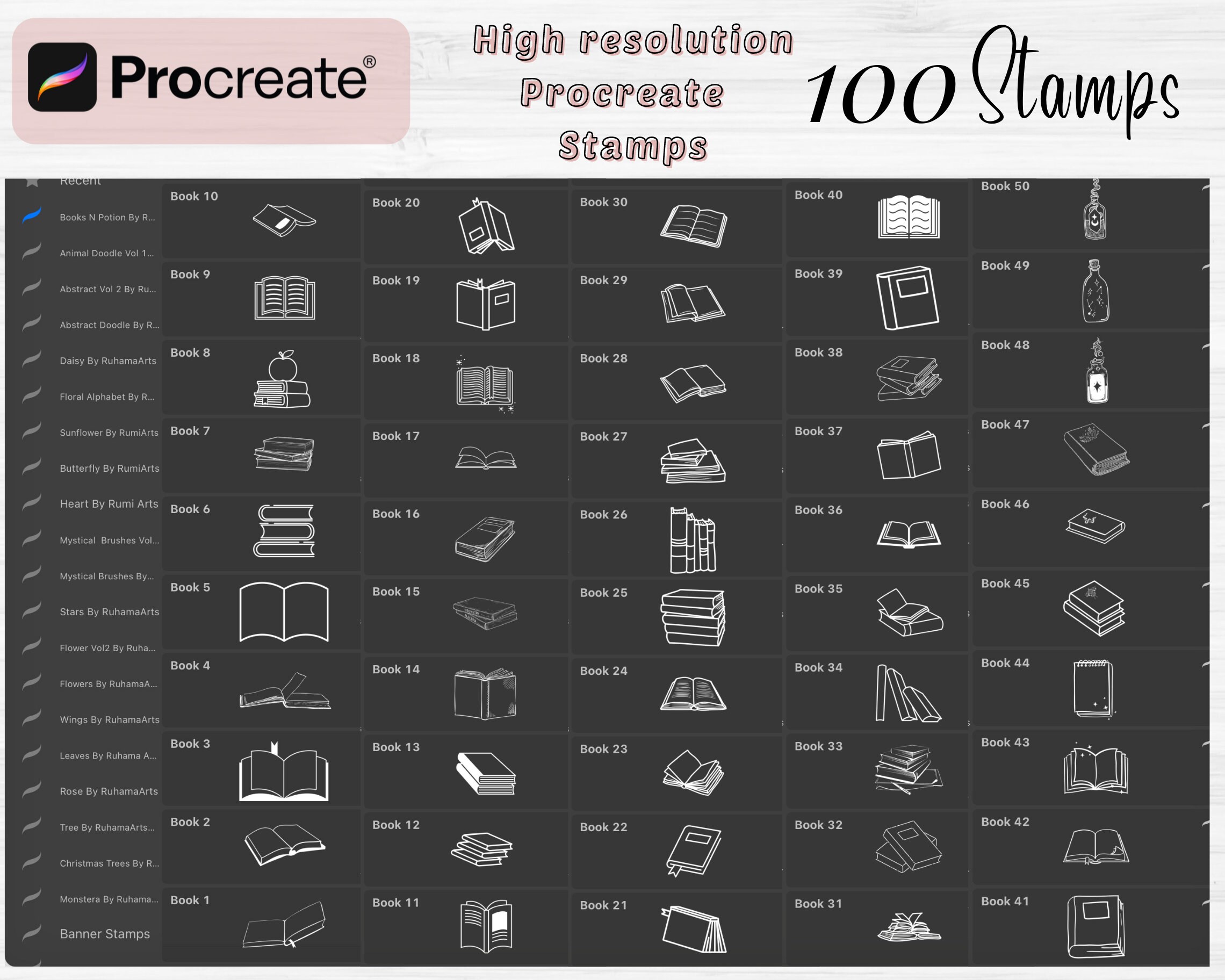 Books Procreate Stamps 100 Procreate Books Brushes Doodle - Etsy