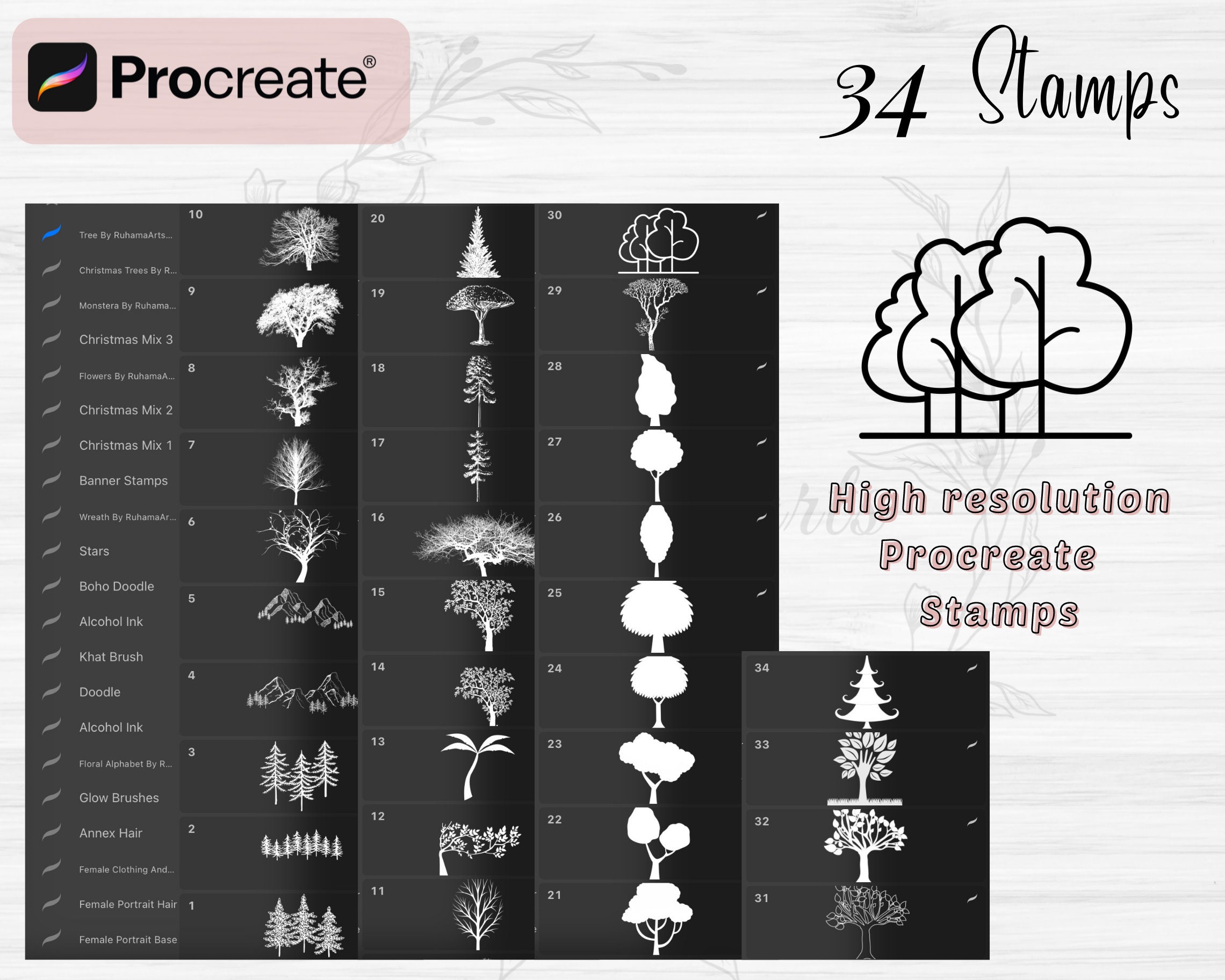Tree Procreate Stamps 34 Procreate Trees Brushset - Etsy