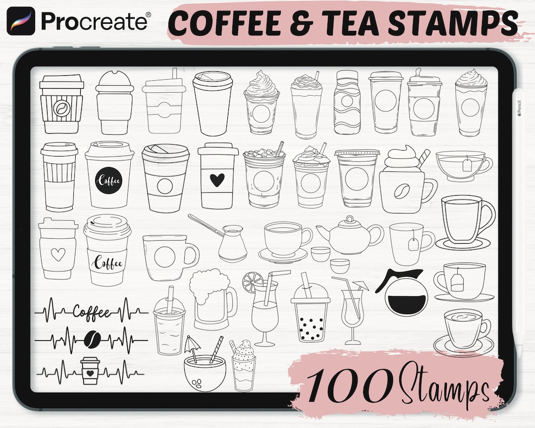 Procreate Coffee Stamps | 100 Coffee and Tea Procreate Stamps | Drinks ...