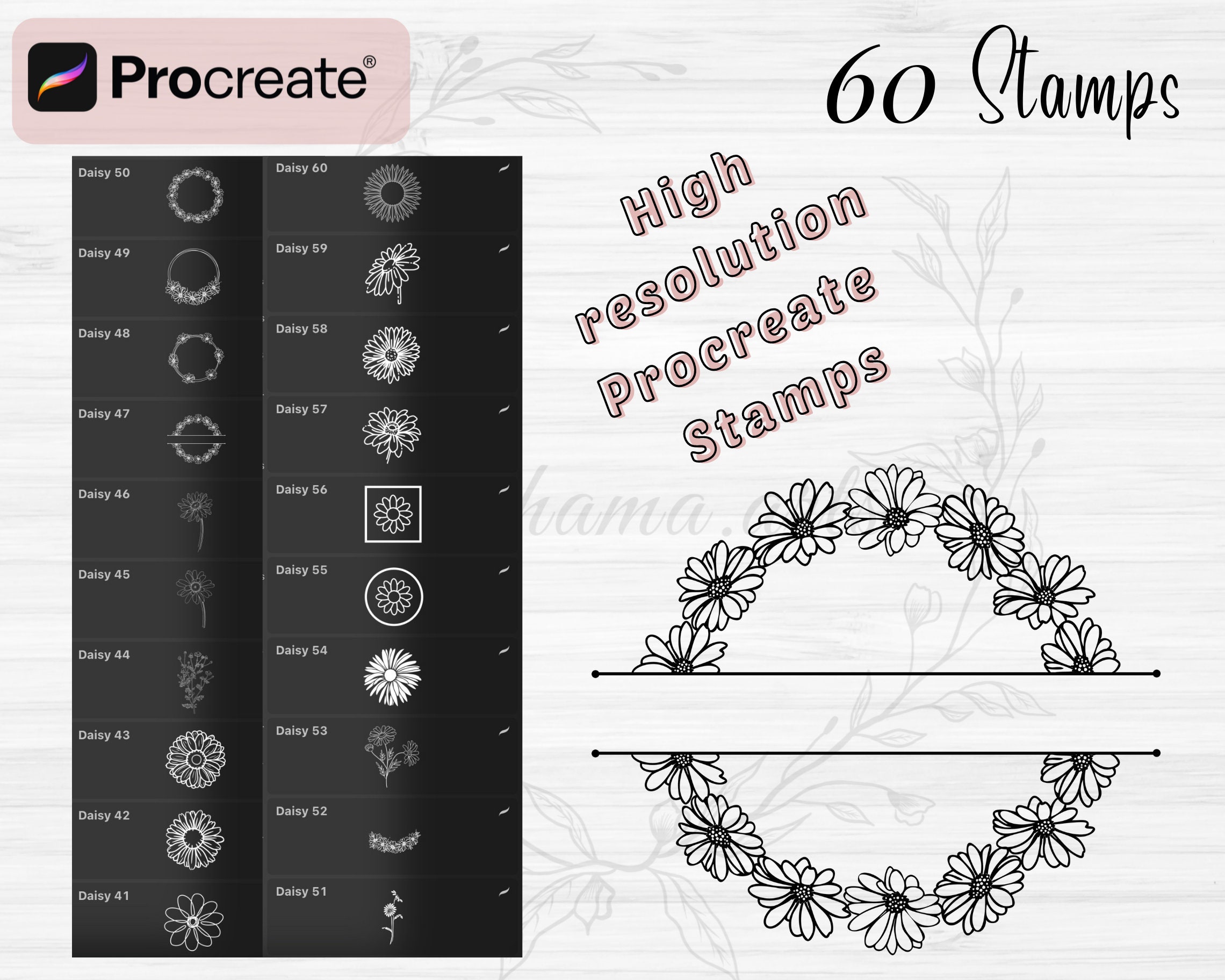 Daisy Procreate Stamps 60 Flower Procreate Stamps Botanical - Etsy