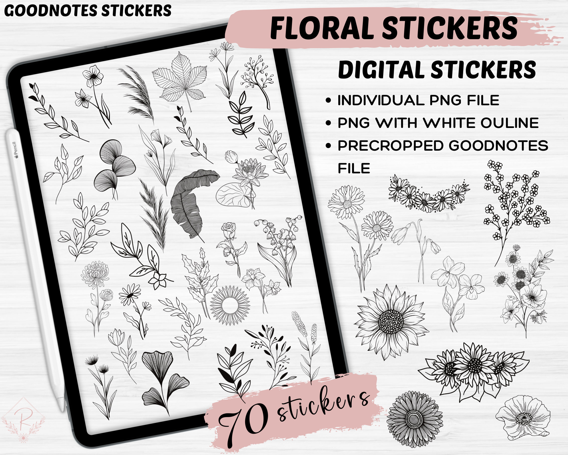 Floral Stickers Bundle for Goodnotes 70 Pre-cropped Stickers - Etsy