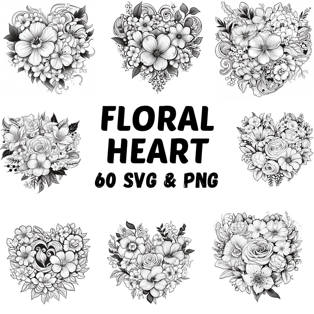 Floral Heart Svg Bundle | 60 Flower Heart Svg | Flower Svg | Floral ...