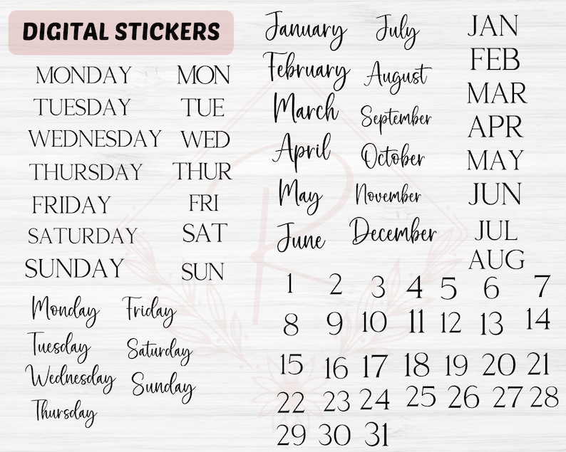 Planner Words Digital Stickers | Calendar Words Goodnotes Digital ...