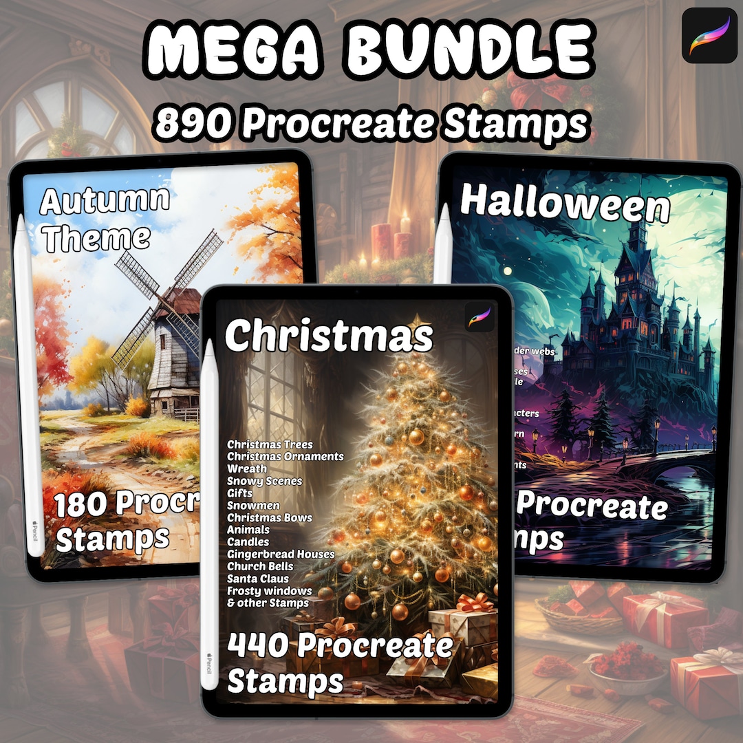Procreate Mega Bundle Stamps 890 Procreate Stamps Christmas Procreate Brushes Halloween ...