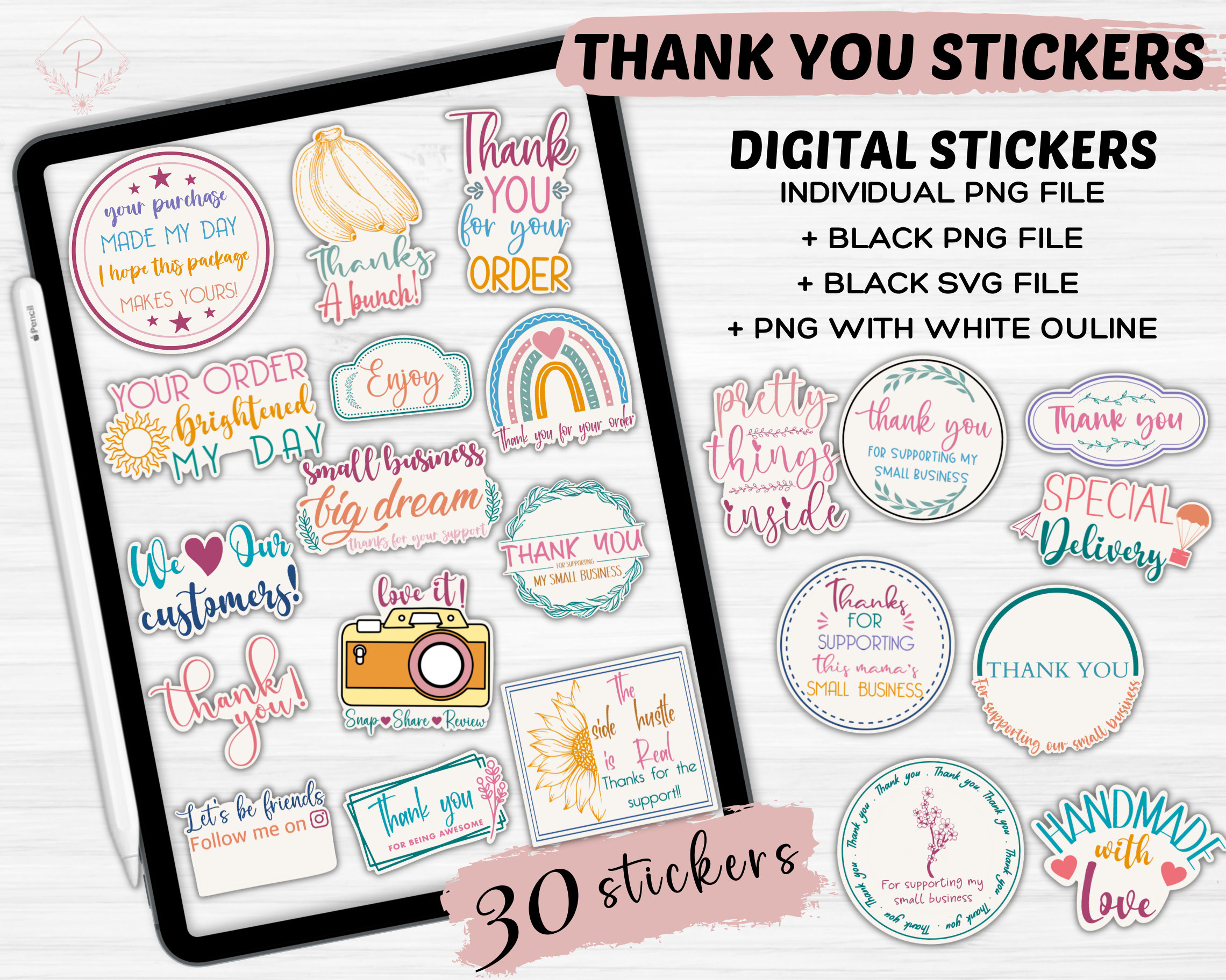 Digital Thank You Stickers Png Hand Lettered 30 Thank You - Etsy