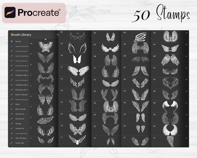 Procreate Wings Stamps | 100 Wings Stamps for Procreate| Angel Wings ...