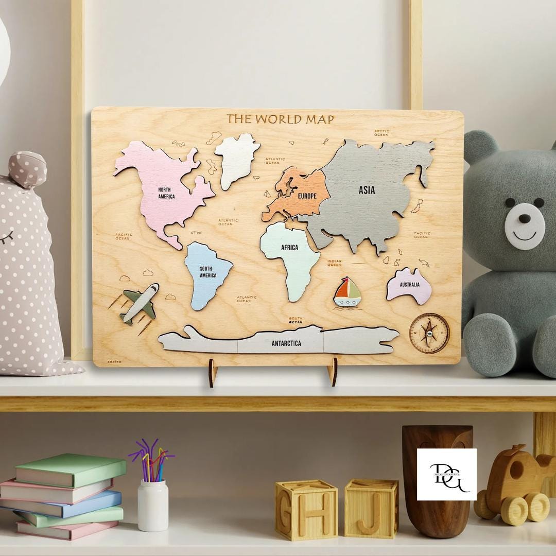 Wooden World Map Puzzle for Kids, Handmade Educational Geography Toy ...