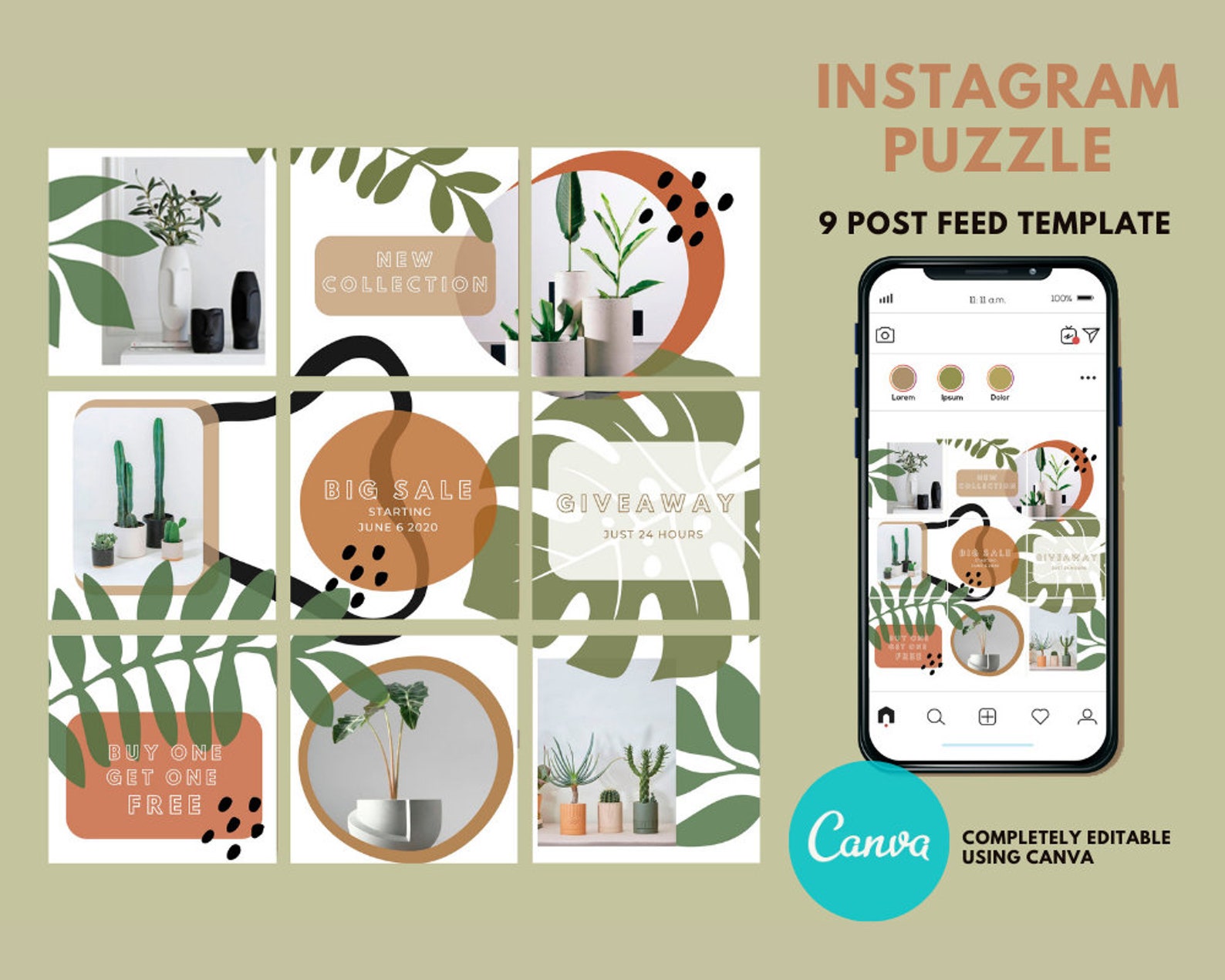 Canva Instagram Puzzle Feed Template Green Botanical Boho - Etsy UK