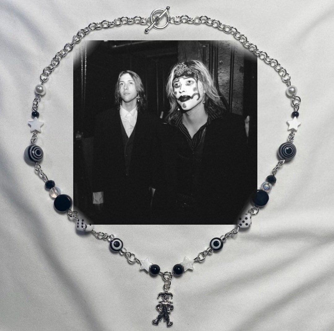 The Garden Black and White Beaded Choker Necklace With Jester Charm and ...