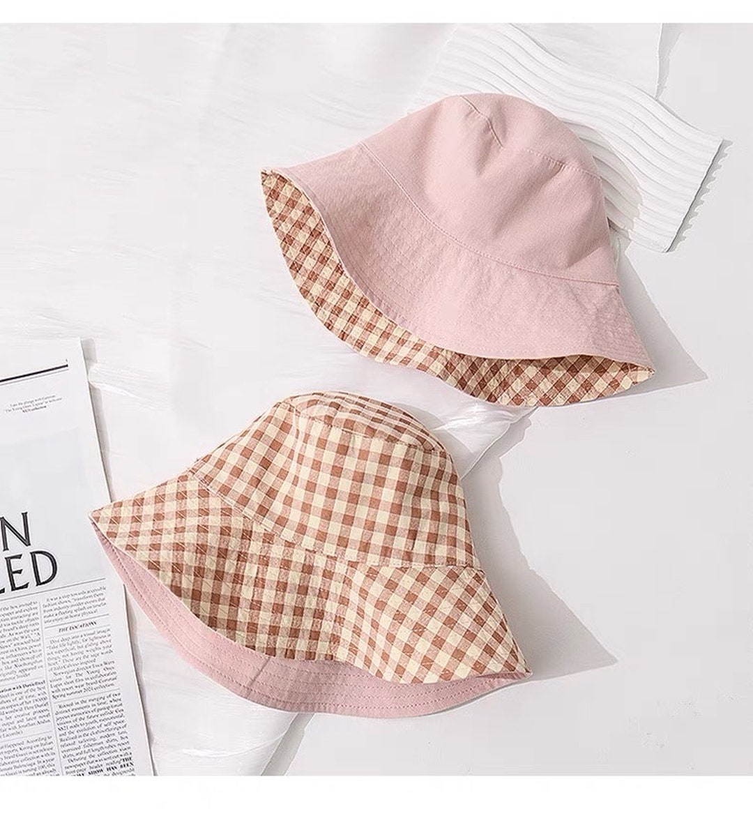 Double-side Checker Bucket Hat/plaid/uv Protection/cherry Blossom Pink ...