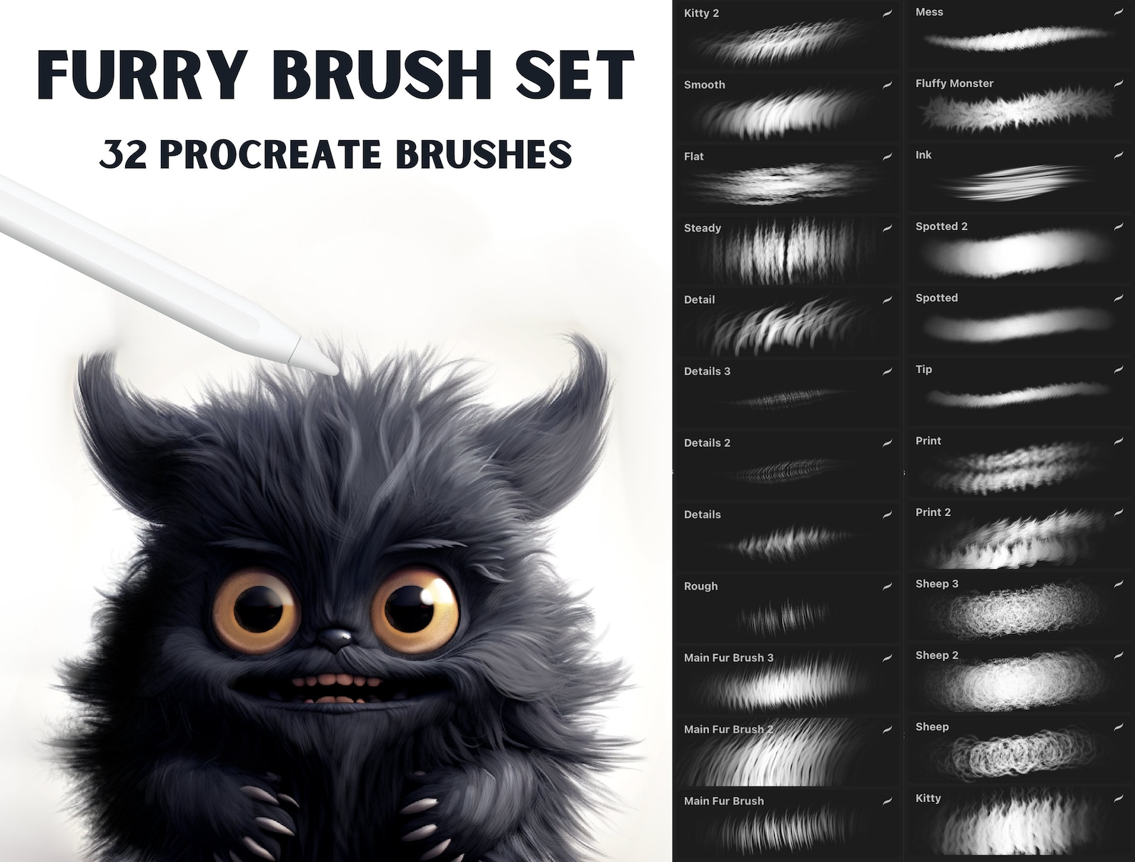 Set of 32 Procreate Fur Brushes | Furry Illustration | Soulny Art | Digital iPad Drawing Tools ...