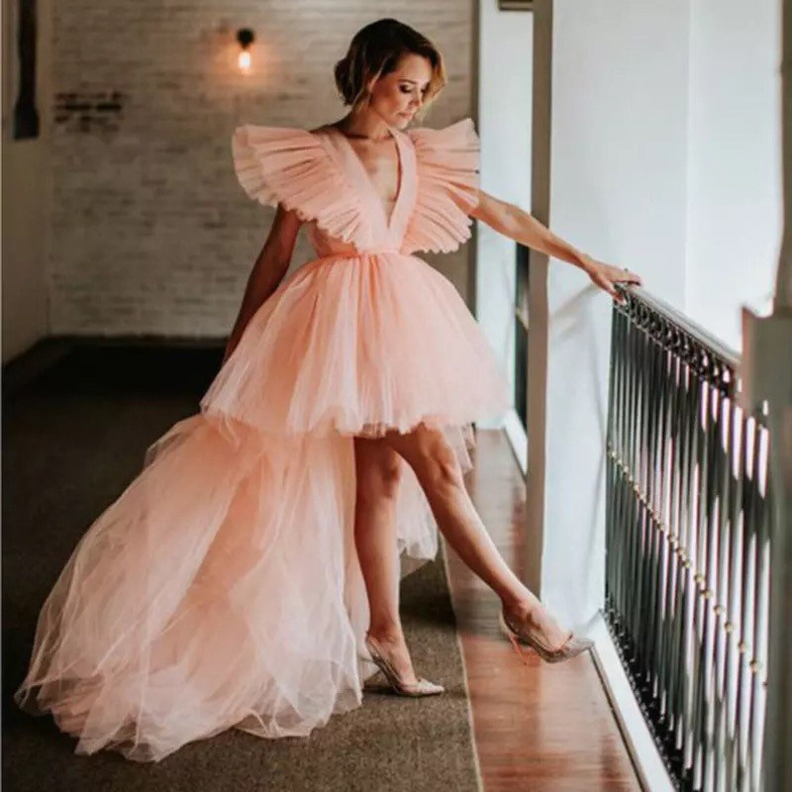 Vaporous Pink Dress With Asymmetrical Long Tulle Ruffles | Etsy